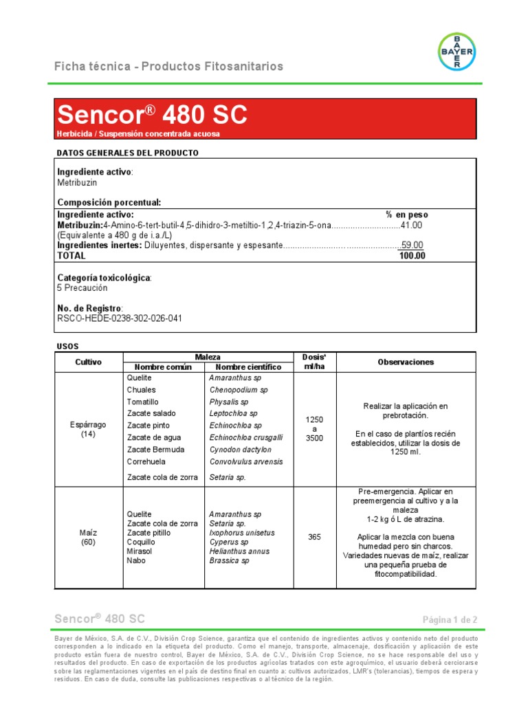 SENCOR Ficha Tecnica | PDF | Horticultura | Cultivos