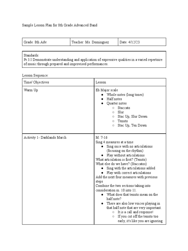 Sample Lesson Plan For 8th Grade Advanced Band | PDF | Performing Arts ...
