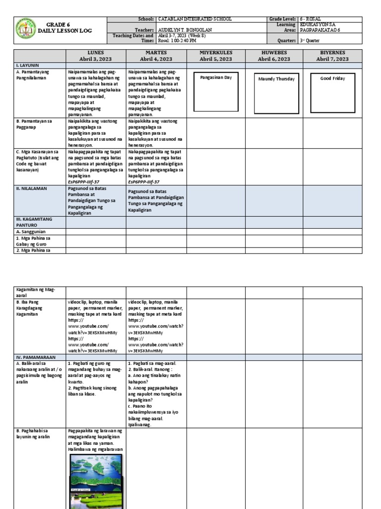 Grade 6 Daily Lesson Log: I. Layunin | PDF