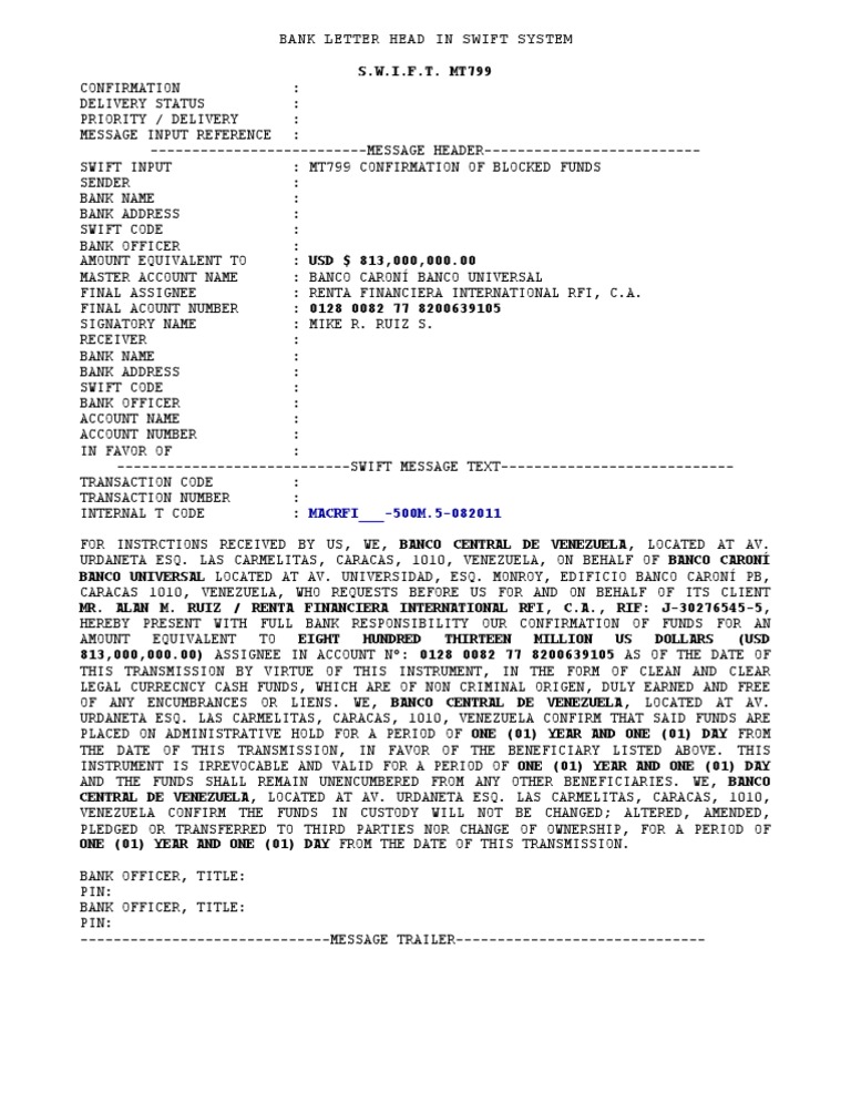 Bloque de Fondos Por SWIFT MT 799 o MT 999 Format T 500 | PDF