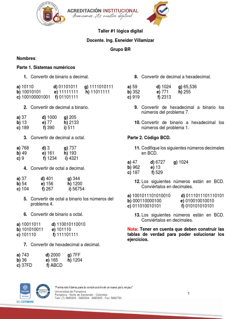 Taller de conversión entre sistemas numéricos y código BCD | PDF ...