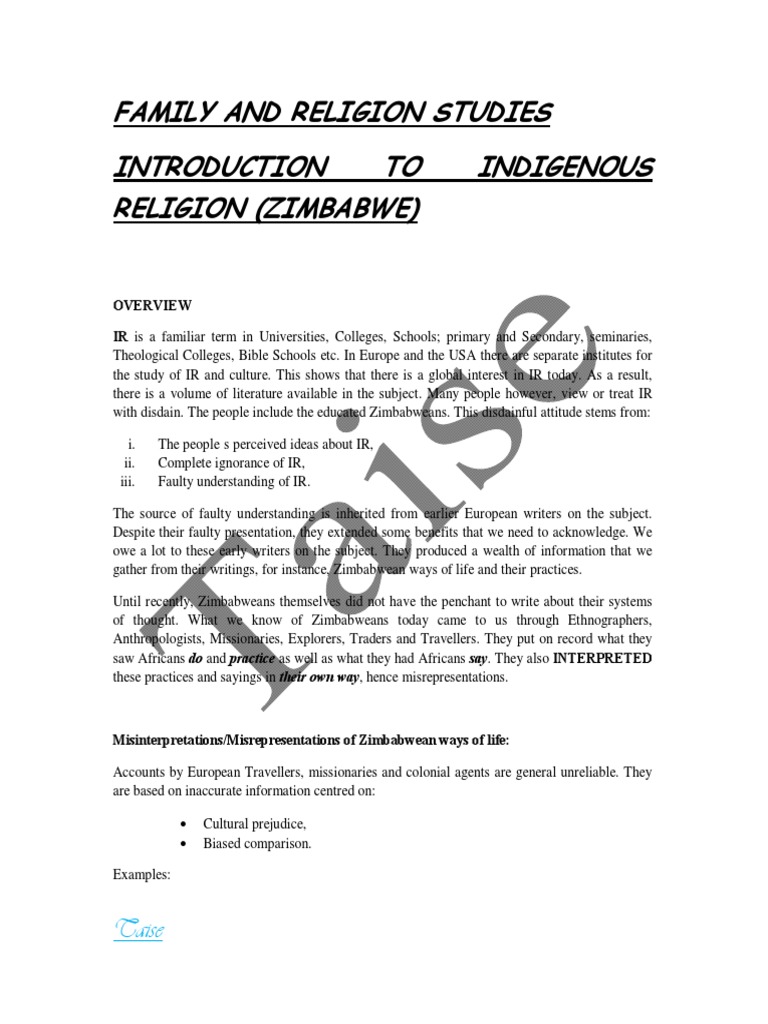 Family and Religion Studies TO Indigenous Religion (Zimbabwe ...