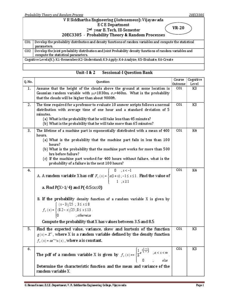 20EC3305 - PTRP - Unit I & 2 - Sessional-I Question Bank - 2022-23 | PDF | Probability Density ...