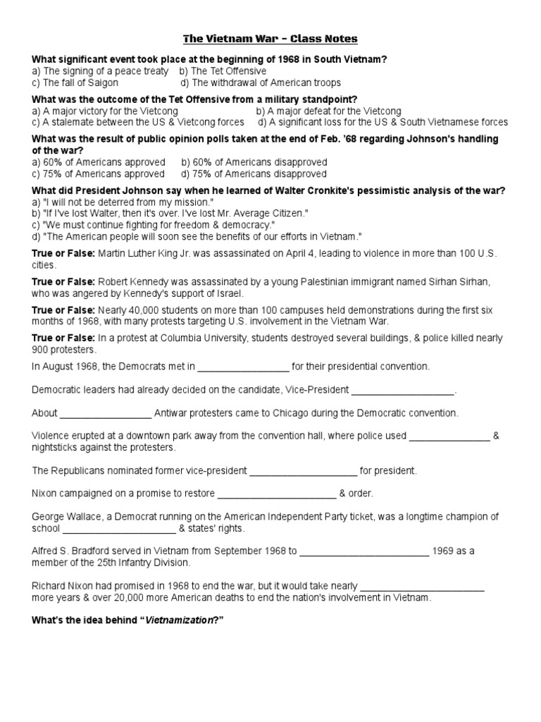 Vietnam War Class Notes Summary | PDF | Viet Cong | Vietnam War