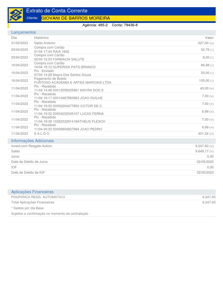 Extrato de Conta Corrente: Giovani de Barros Moreira | PDF | Finanças ...