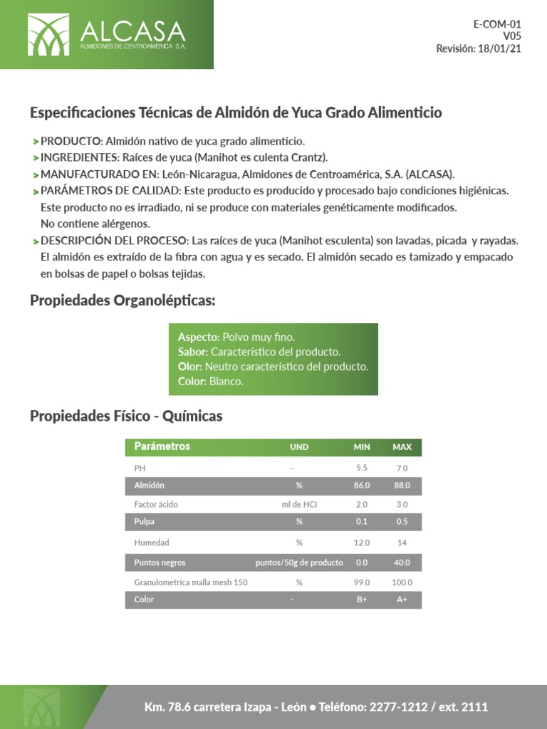 Ficha Tecnica-Almidon de Yuca Grado Alimenticio | PDF | Alimentos | Glucosa