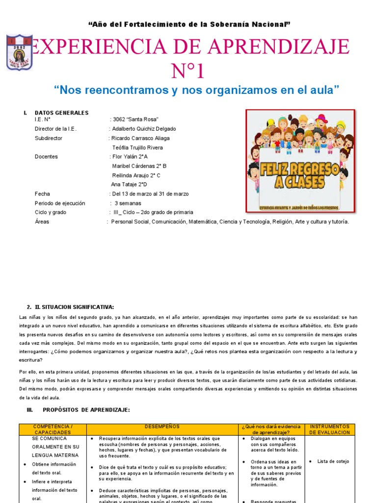 Experiencia de Aprendizaje N°1: "Nos Reencontramos y Nos Organizamos en El Aula" | PDF ...