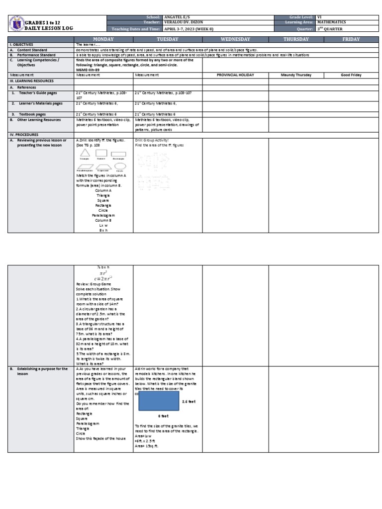 DLL - Mathematics 6 - Q3 - W8 | PDF | Area | Rectangle DLL - Mathematics 6 - Q3 - W8 | PDF | Area | Rectangle