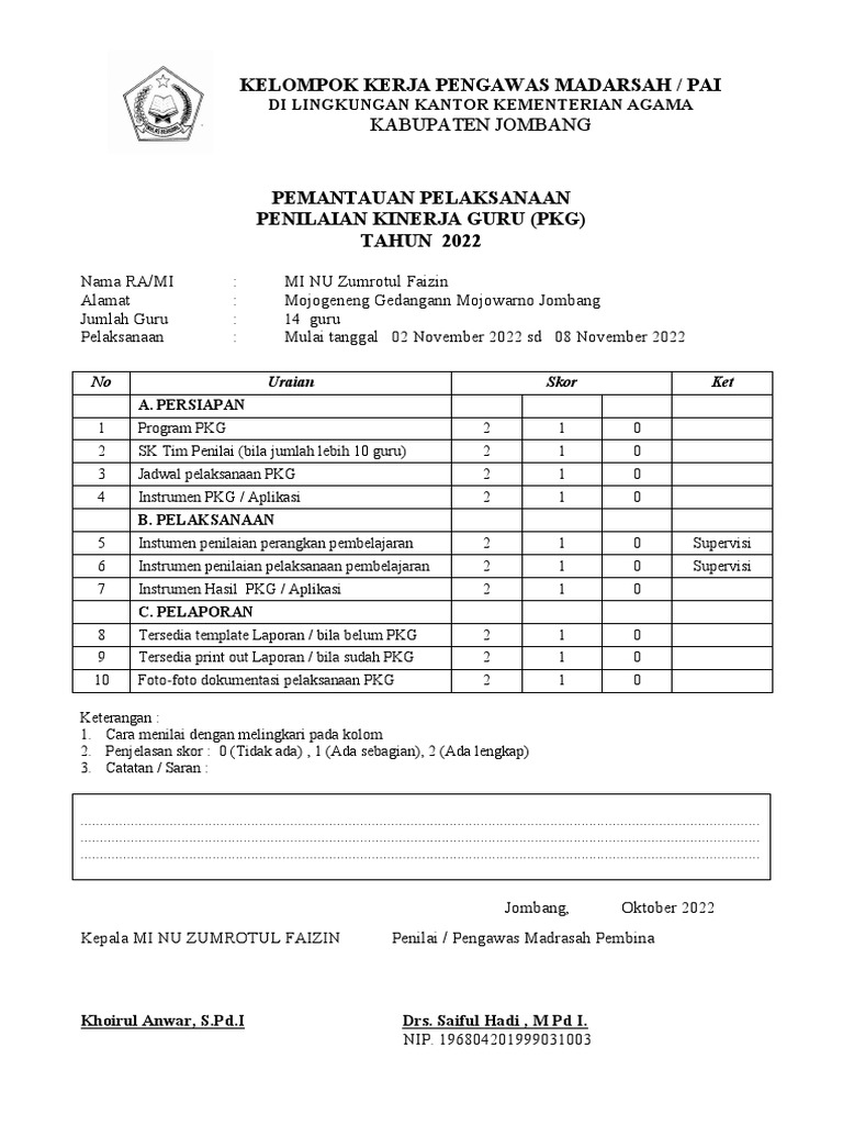 Instrumen Pemantauan PKG 2022 | PDF