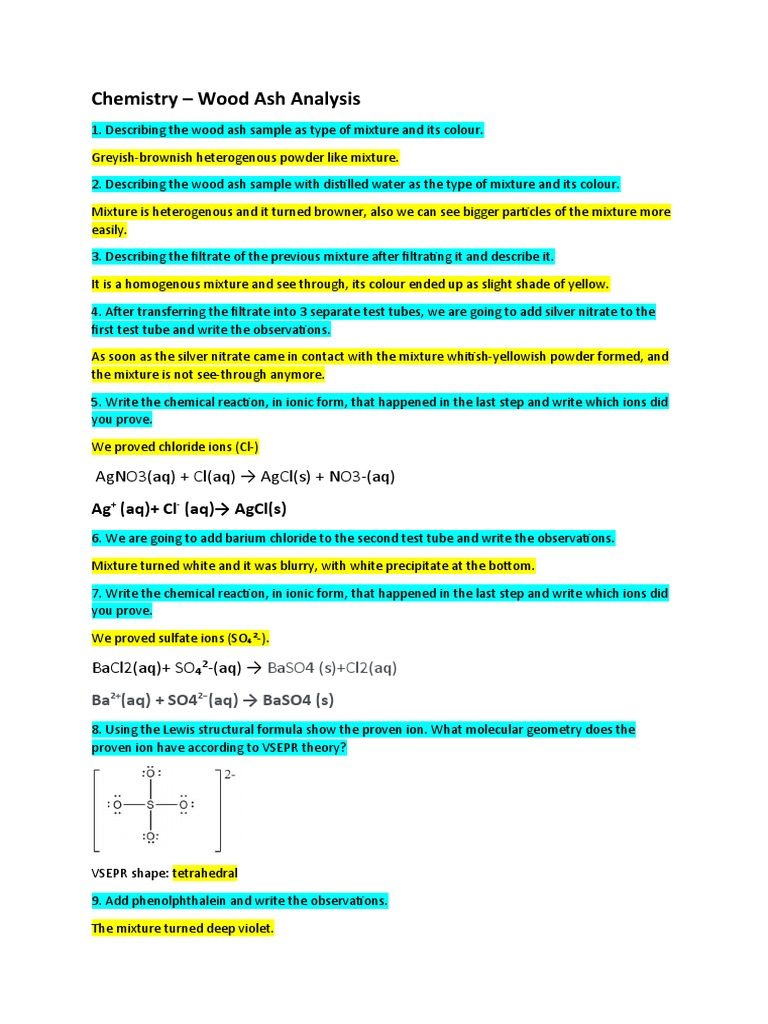Chemistry - Wood Ash Analysis: Agno3 (Aq) + CL (Aq) Agcl (S) + No3 ...