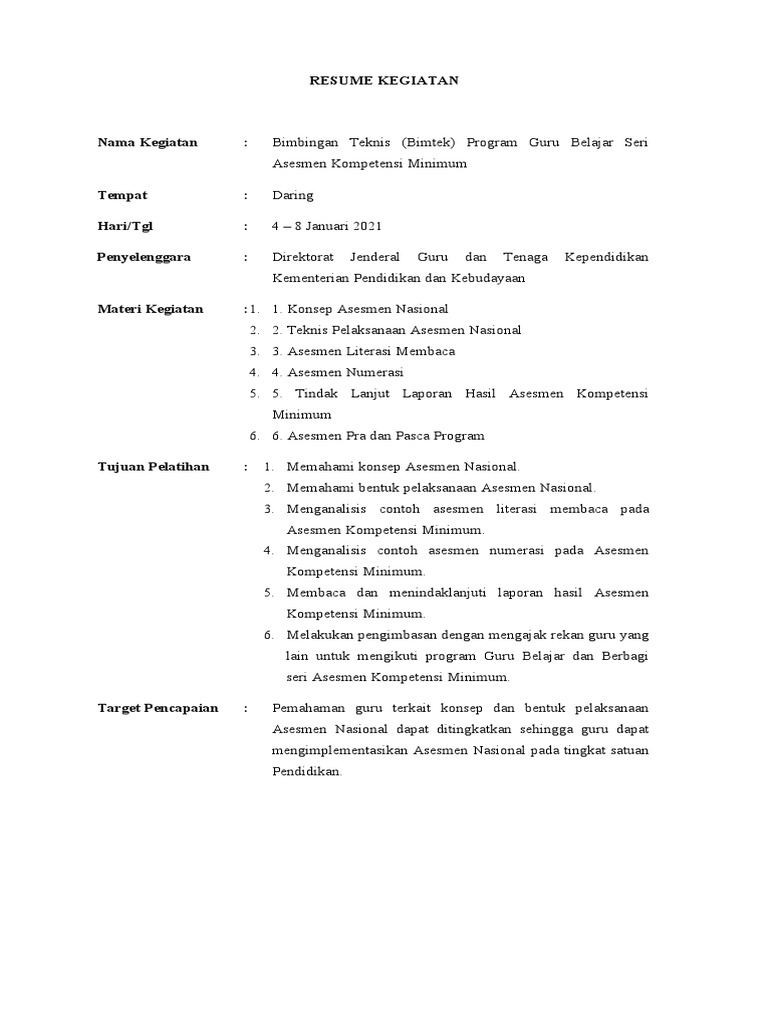 Resume Kegiatan | PDF | Seni | Pengembangan Diri