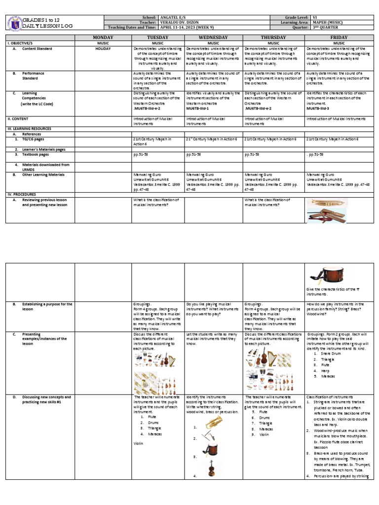 Exploring Musical Instruments: A Weekly Lesson Plan Focusing on ...