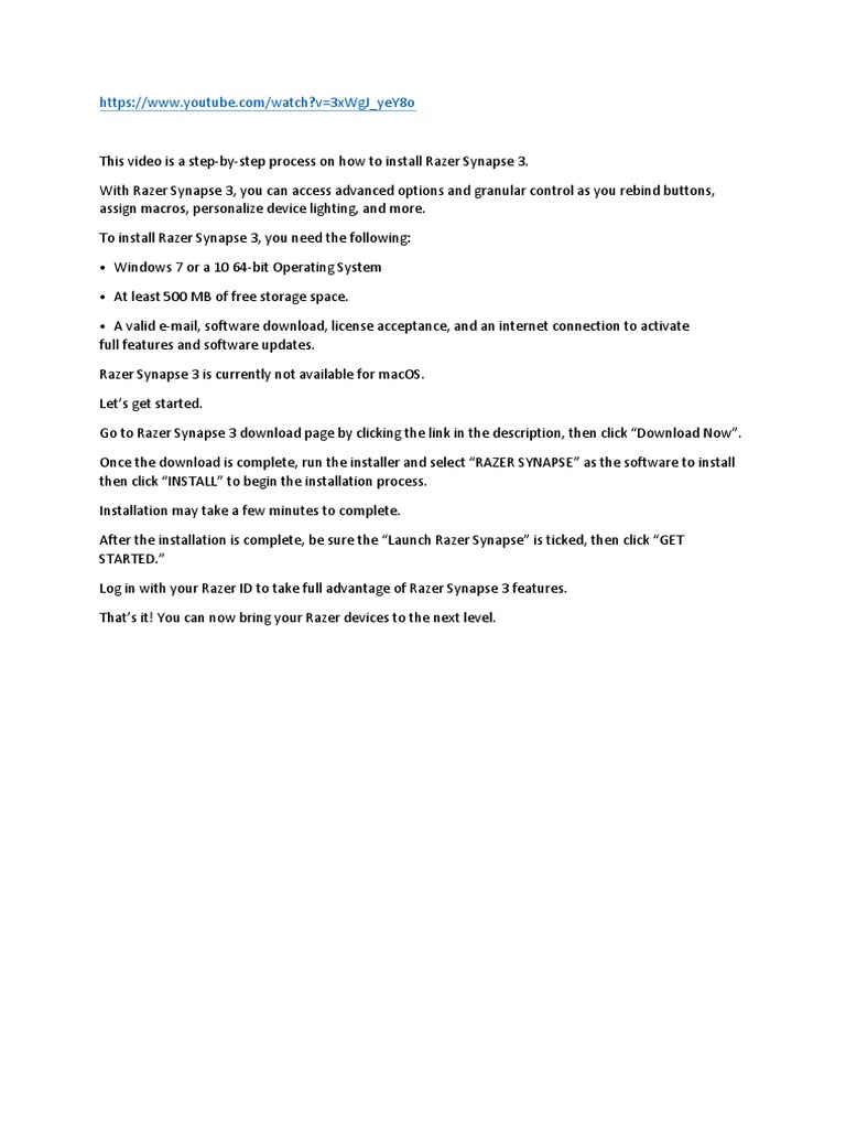 Razer Synapse 3 User Manual (English - 1 Pages) | PDF | Computers
