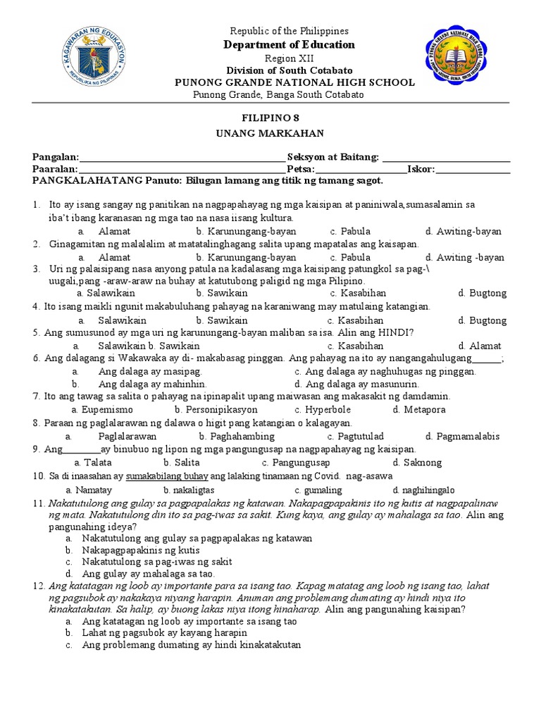Grade 8 Pre Test 2021 2022 | PDF