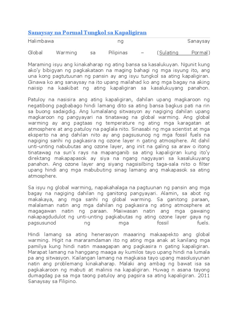 Sanaysay Na Pormal Tungkol Sa Kapaligiran | PDF