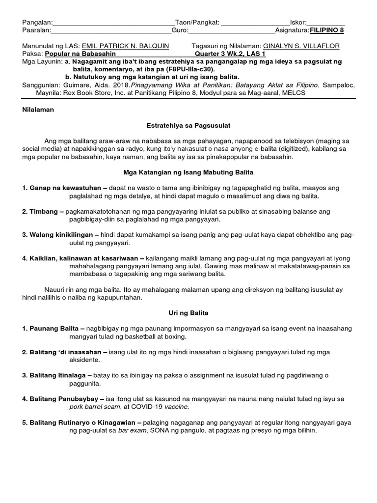 FILIPINO 8 QUARTER 3 WEEK 2 LAS#1 | PDF