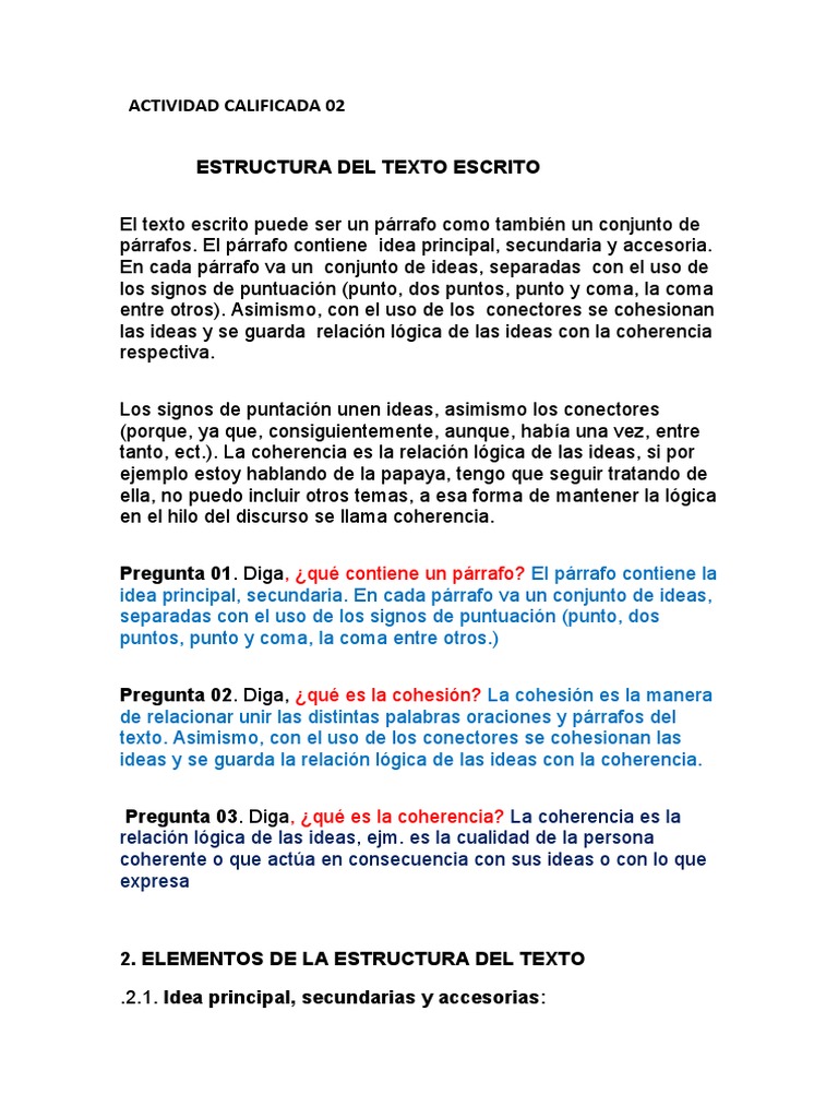 Actividad Calificada 02 Estructura Del Texto Escrito:, ¿Qué Contiene Un ...