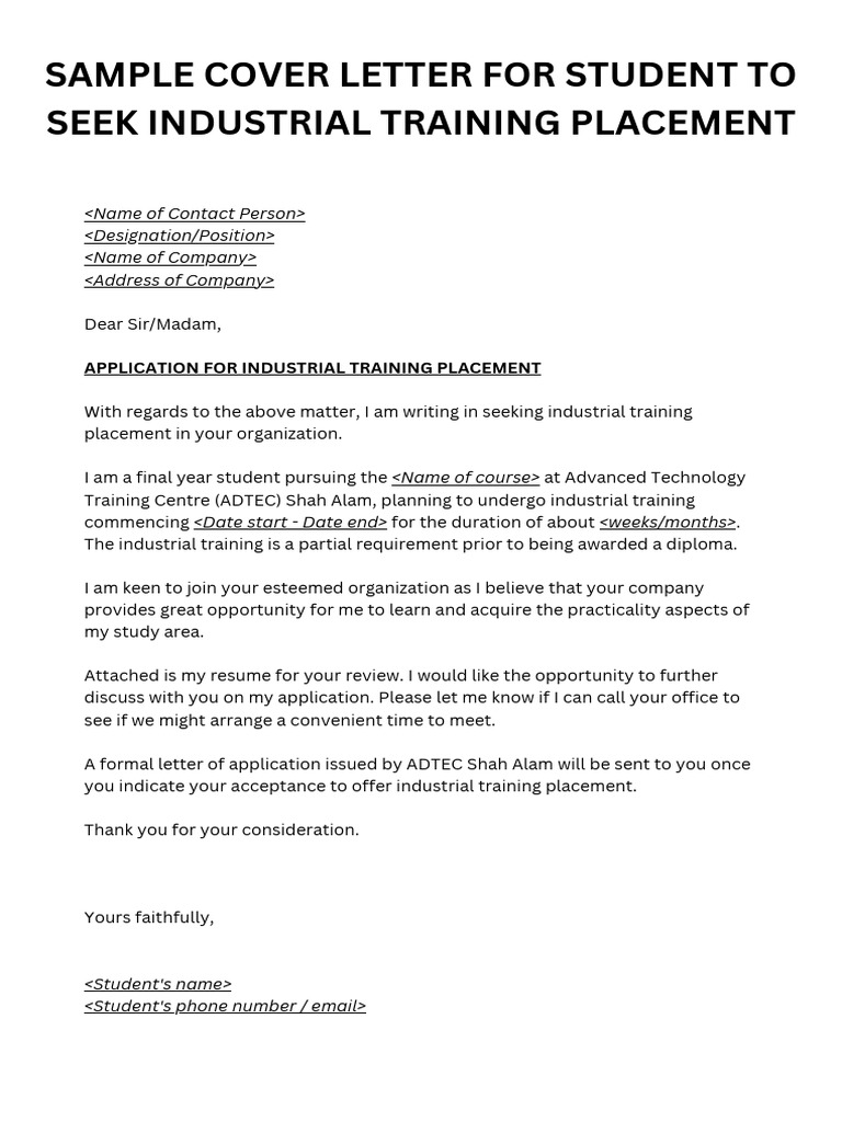 Sample Cover Letter For Student To Seek Industrial Training Placement | PDF