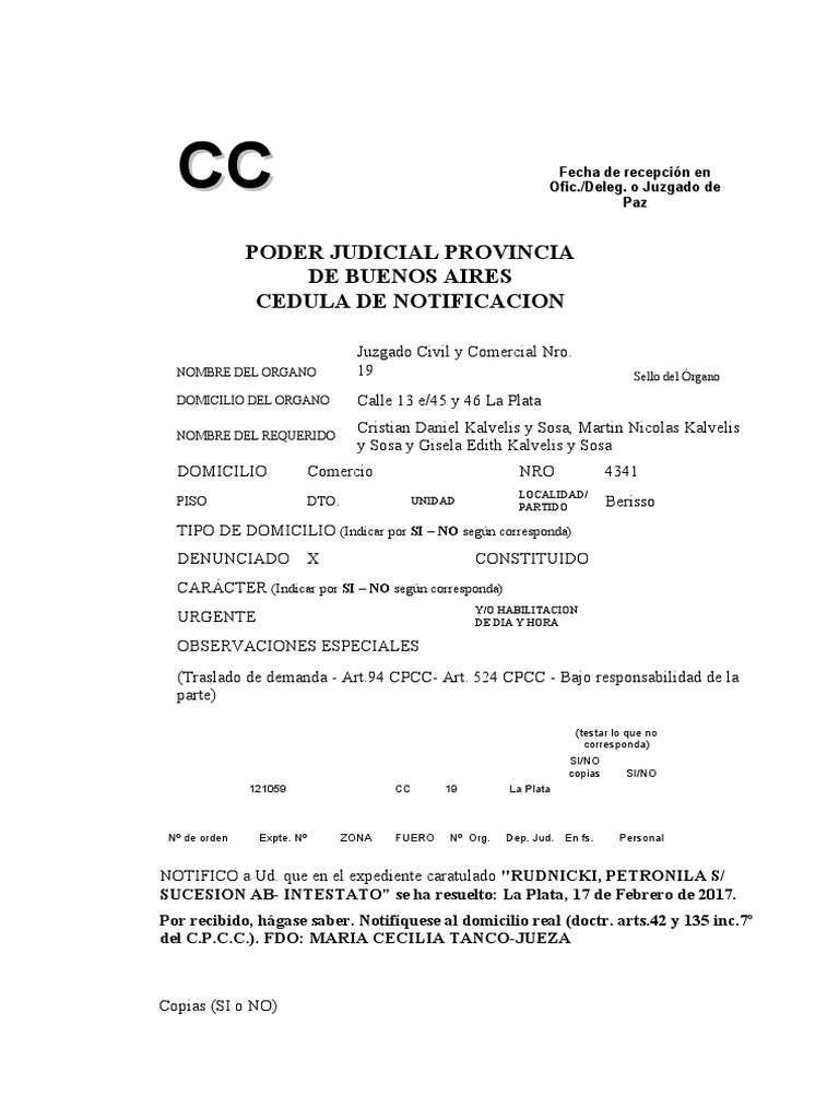 Poder Judicial Provincia de Buenos Aires Cedula de Notificacion | PDF | Gobierno