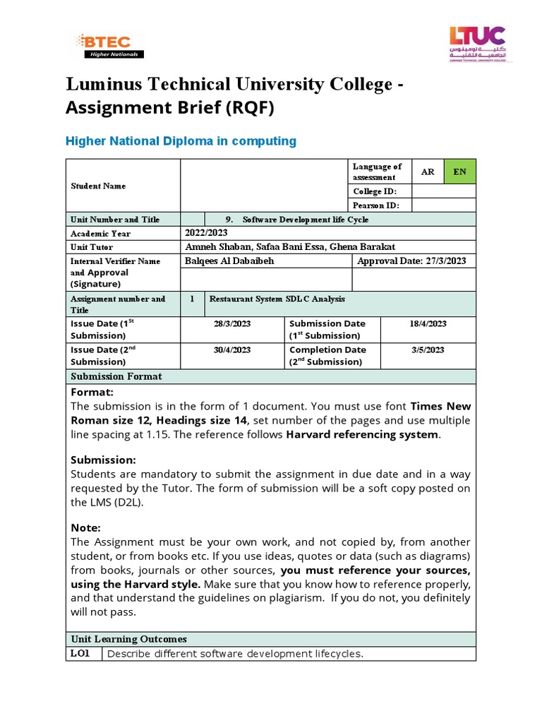 SDLC BTEC 1 Assignment Spring 2023 (After IV) | PDF | Software ...