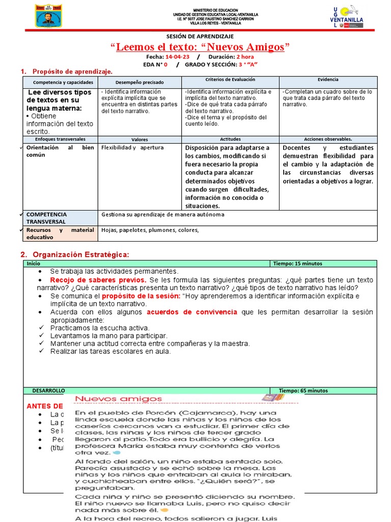 SESION PLAN LECTOR Leemos El Texto Los Amigos - Docx MARZO GLADYS | PDF ...