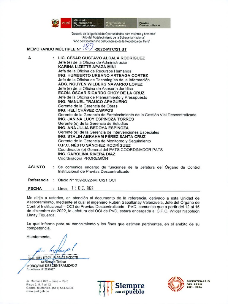 Memorando Multiple Nº 00189-2022-MTC-21.ST | PDF