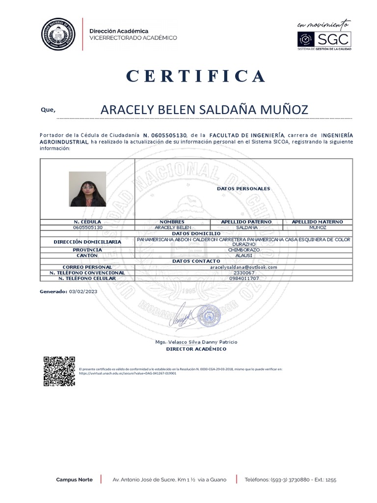 Certificado Actualización de Datos Del SICOA | PDF
