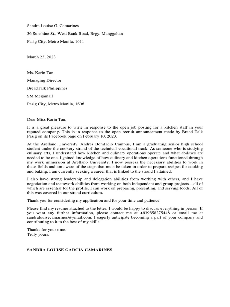 Application Letter For Bread Talk | PDF | Career & Growth | Lifestyle