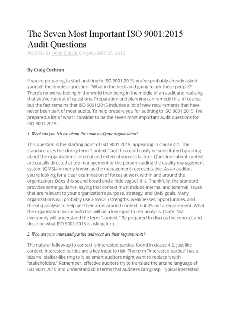 Key ISO 9001:2015 Audit Questions | PDF | Iso 9000 | Audit