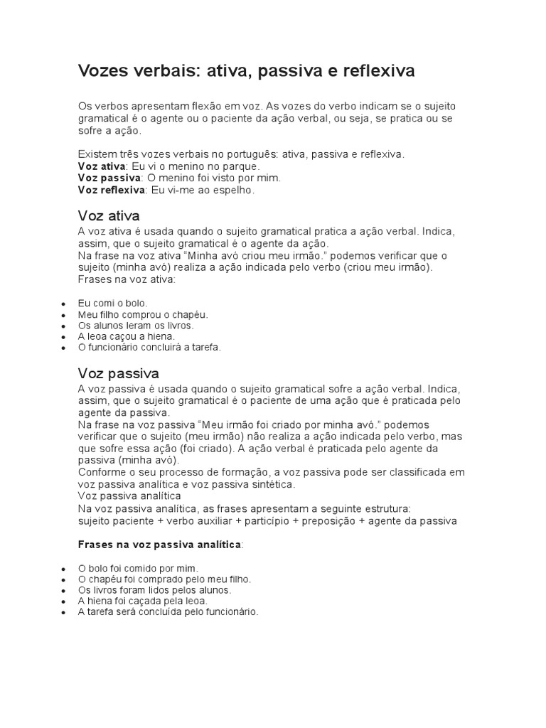 Entendendo as Vozes Verbais | PDF | Assunto (gramática) | Conjugação ...