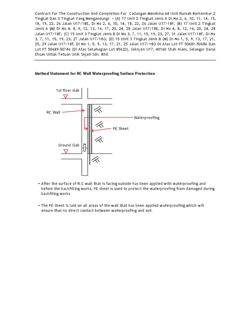 Method Statement For RC Wall Waterproofing Surface Protection | PDF