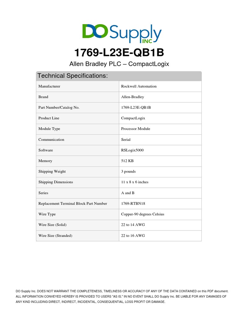 1769-L23E-Qb1B: Allen Bradley PLC - Compactlogix Technical ...