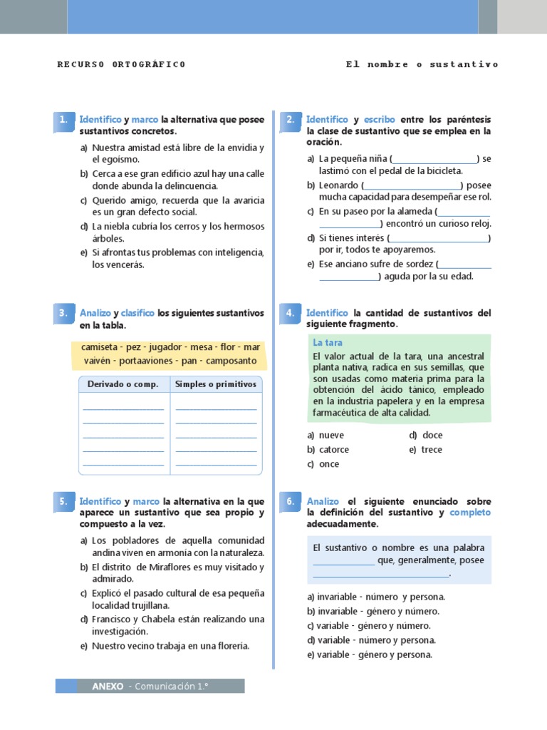 1 Com. 1.° - Ficha El Nombre o Sustantivo | PDF | Artes del Lenguaje y ...