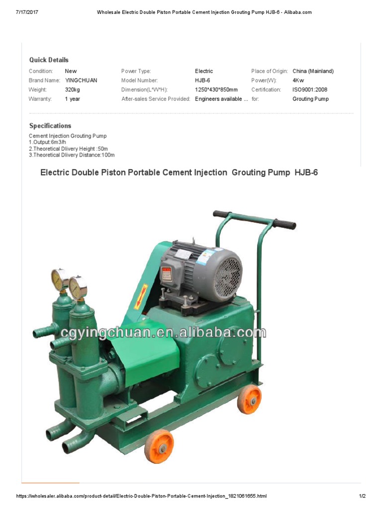 Electric Double Piston Portable Cement Injection Grouting Pump HJB-6 ...