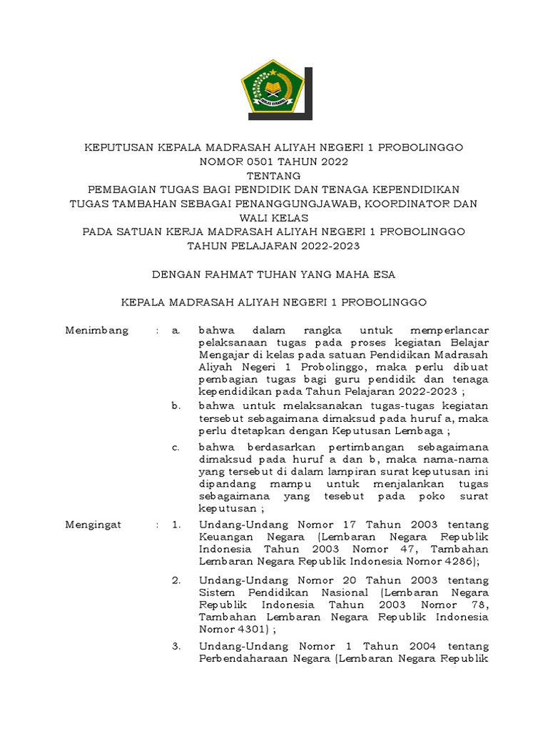 SK Pembagian Tugas 2022-2023 | PDF