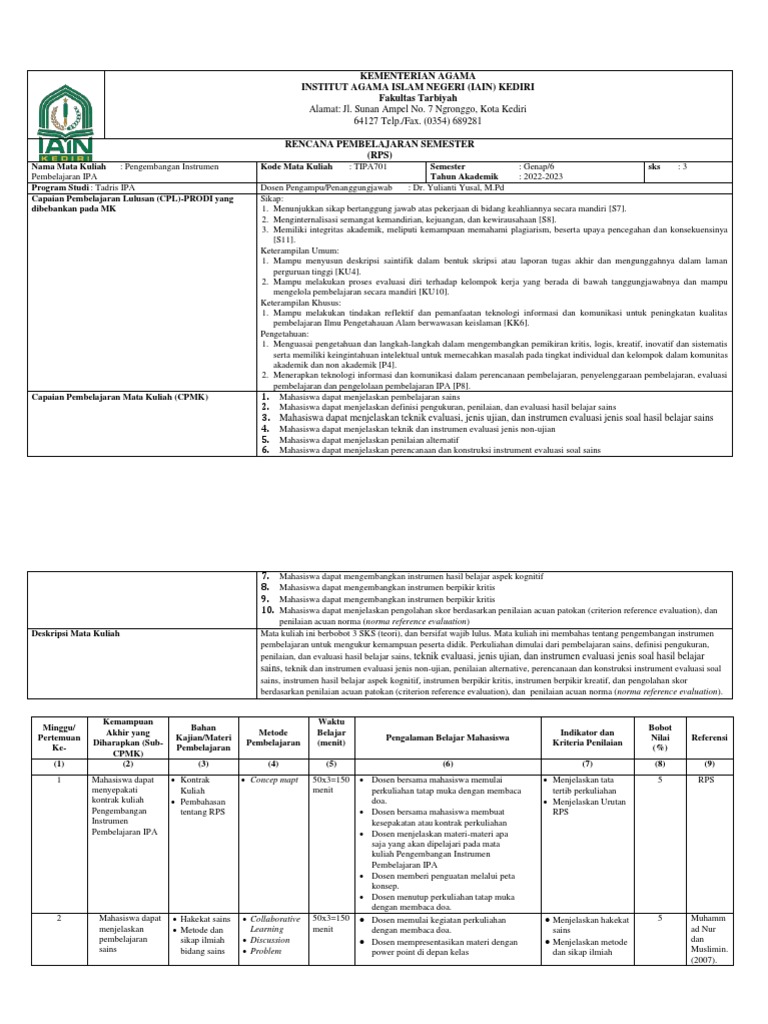 RPS Pengembangan Instrumen Pembelajaran IPA | PDF