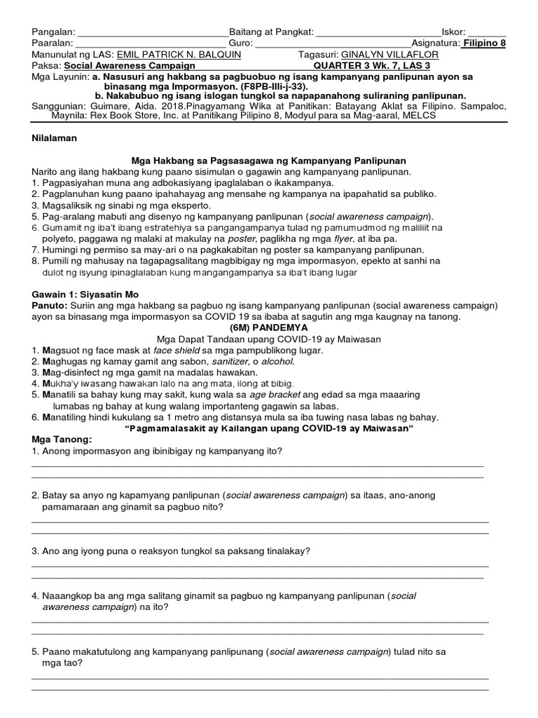 Filipino 8 Quarter 3 Week 7 Las#3 | PDF