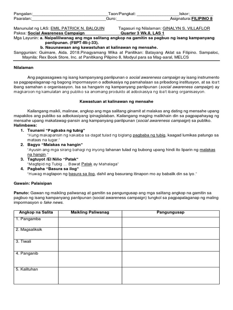 Filipino 8 Quarter 3 Week 8 Las#1 | PDF