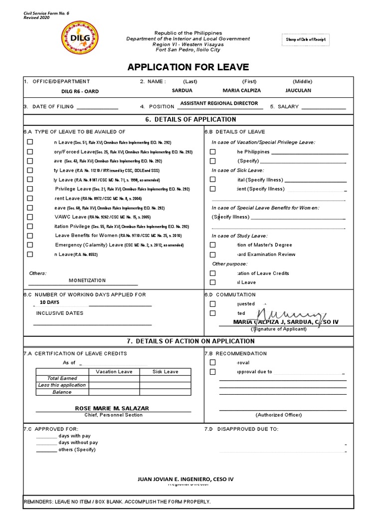 Application For Leave: Sardua Maria Calpiza Jauculan Assistant Regional ...