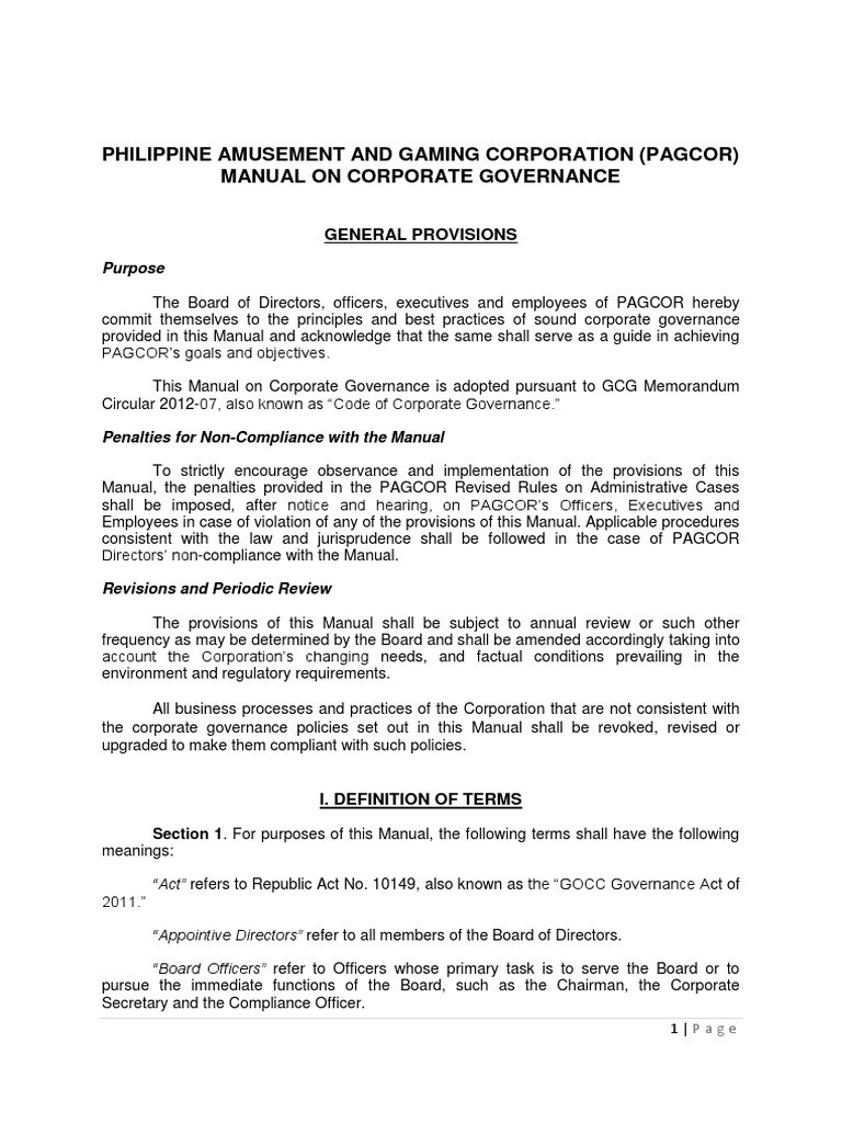 Philippine Amusement and Gaming Corporation (Pagcor) Manual On Corporate Governance | PDF ...