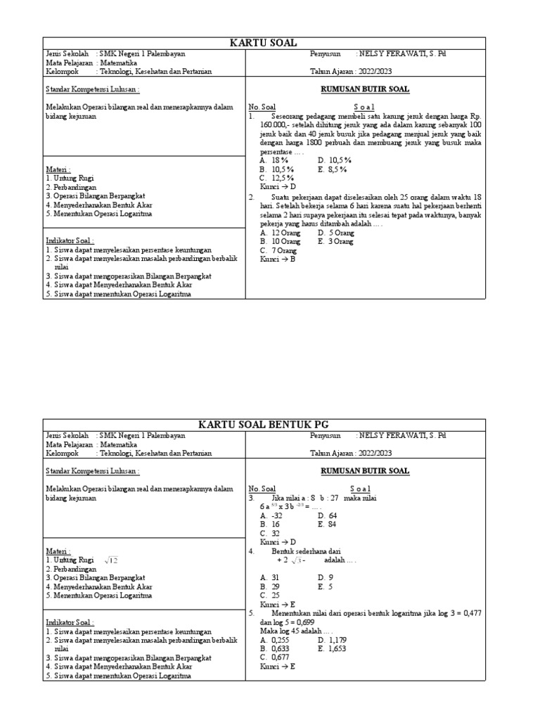 KARTU SOAL BENTUK PG MTK ela | PDF