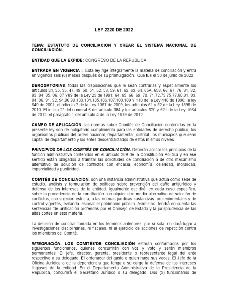 Ley 2220 de 2022: Estatuto de Conciliación | PDF | Ley administrativa ...