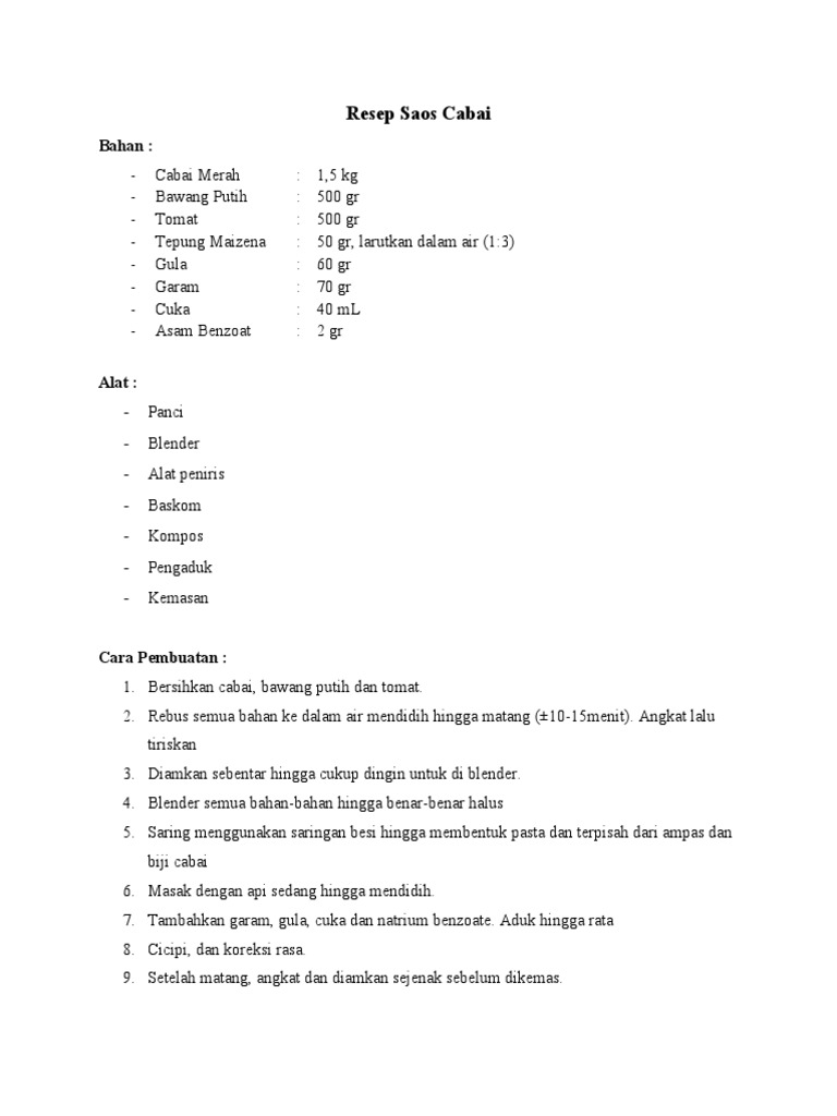 Resep Saos Cabai Pedas Sederhana | PDF