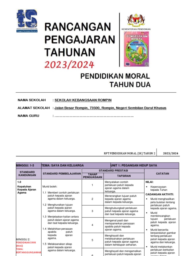 RPT Pendidkan Moral Tahun 2 | PDF