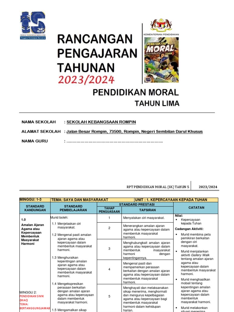 RPT Pendidikan Moral Tahun 5 | PDF