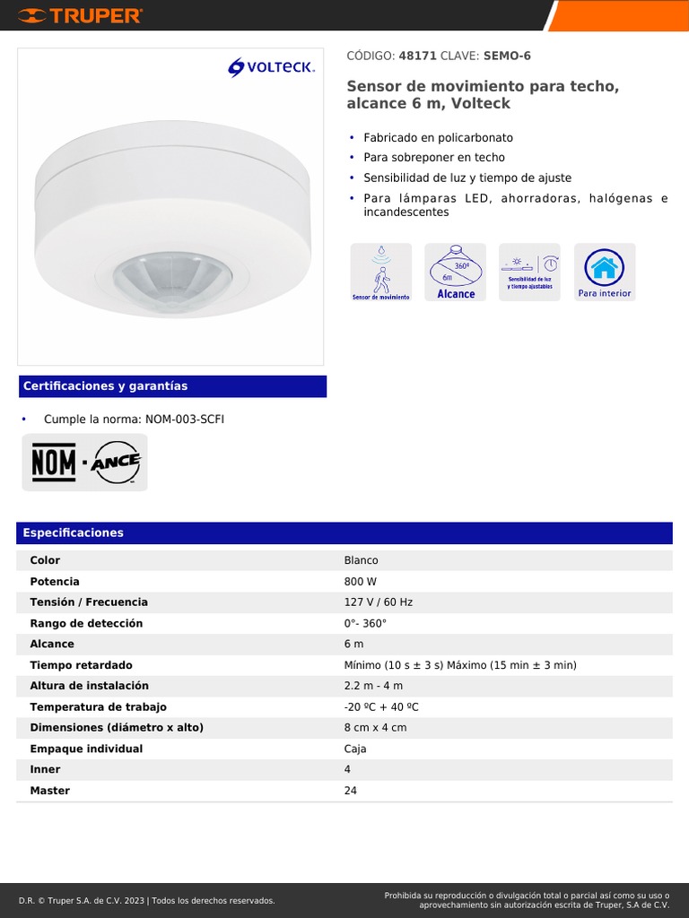 Sensor de Movimiento para Techo, Alcance 6 M, Volteck | PDF ...