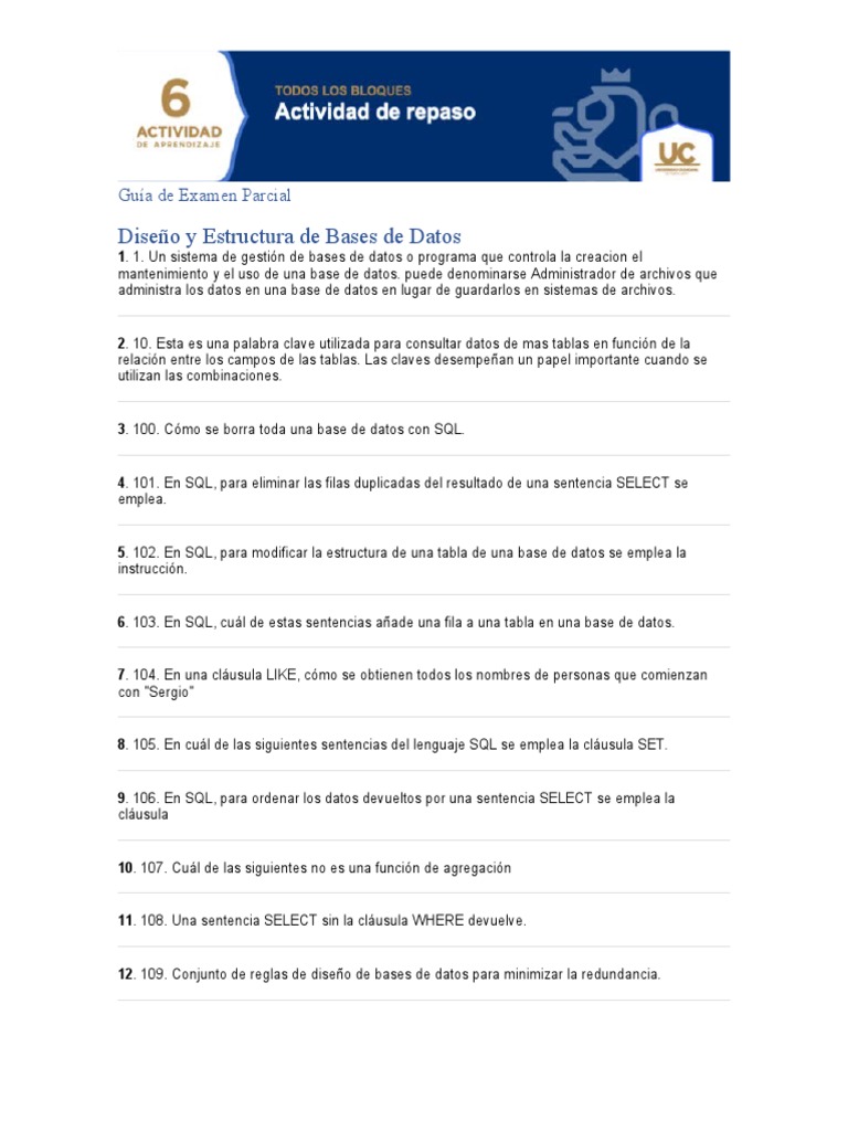 Diseño y Estructura de Bases de Datos: Guía de Examen Parcial | PDF | SQL | Bases de datos