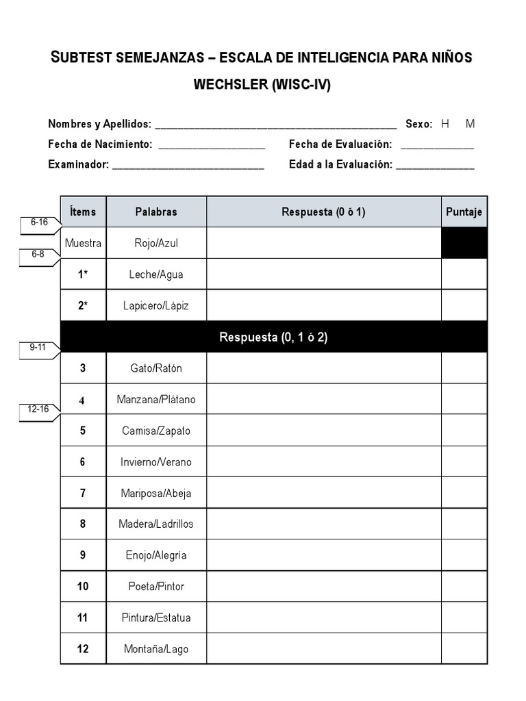 Subtest Semejanzas WISC-IV para Niños | PDF
