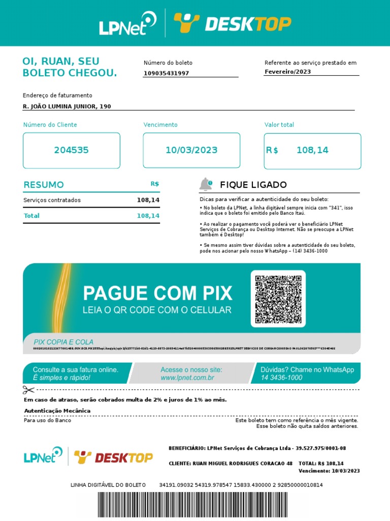 Oi, Ruan, Seu Boleto Chegou.: Fique Ligado | Download grátis PDF | Tecnologia financeira ...