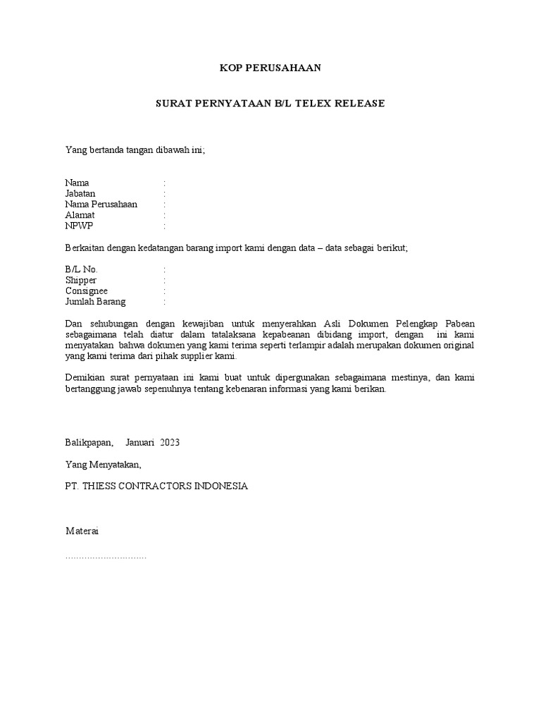 Kop Perusahaan Surat Pernyataan B/L Telex Release: Materai